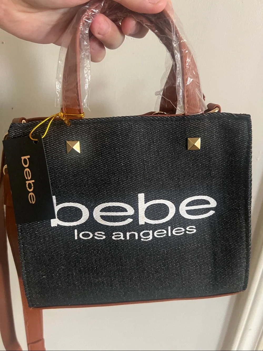 bebe | Bags | Bebe Black Canvas Crossbody With Brown Trim And Gold ...